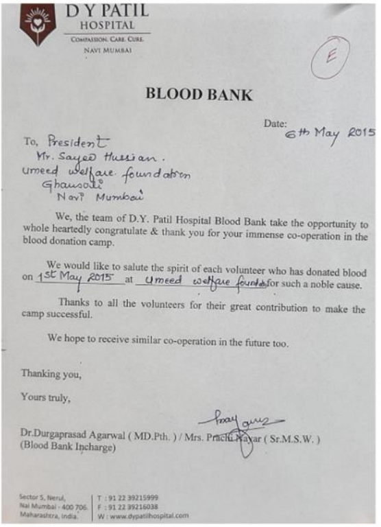 Appreciation Letters - Ummeed Welfare Foundation